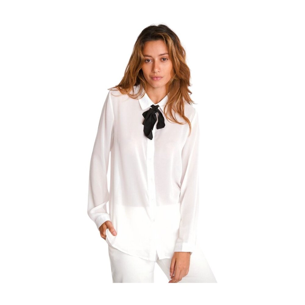 Sheer White Button Down With Black Tie, 100% Polyeste… - Gem
